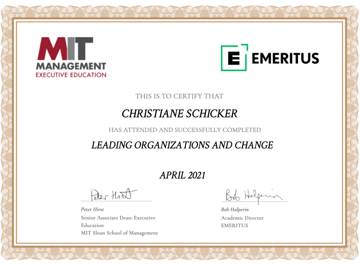 Certificate MIT Sloan School of Management - WandelMut - Christiane ...